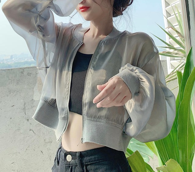 SHEER CROPPED JACKET / Silver Gray | lula closet