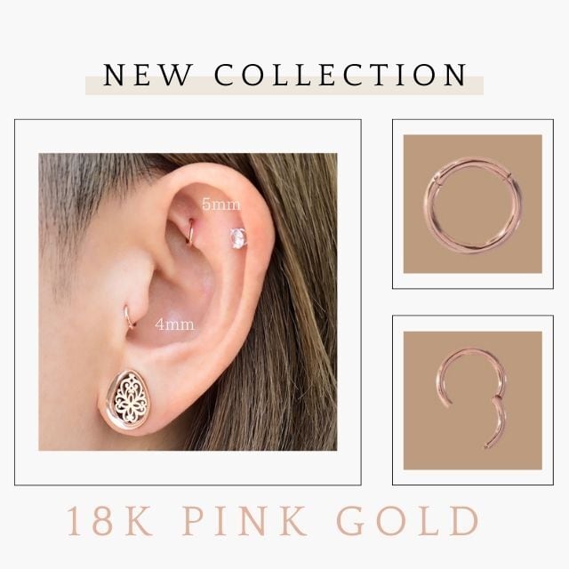 K18 18g 18金 ピンクゴールド 内径4mm 18K 金属アレルギー対応 セグメントリングピアス クリッカー リングピアス ロブ へリックス 軟骨ピアス ピンクゴールドピアス ...
