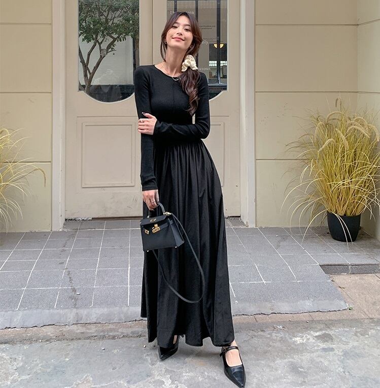 異素材MIX 長袖 ロング ワンピース フレアワンピース ワンピドレス