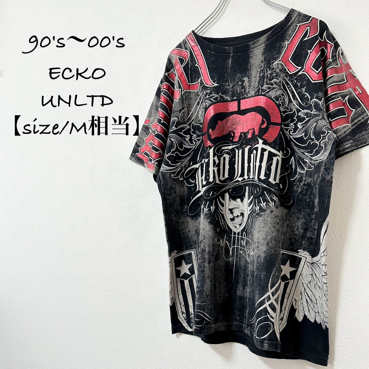 90s〜00s★ECKO UNLTD/エコー アンリミテッド★総柄★半袖Tシャツ★ブラック×レッド/黒赤★S表記/M〜相当 | 古着屋T