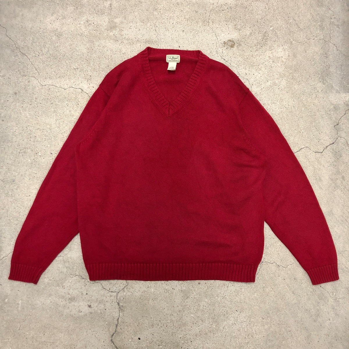 90～00s L.L.Bean/V neck Cotton Knit Sweater/香港製/XL/コットンニットセーター/Vネック/レッド ...