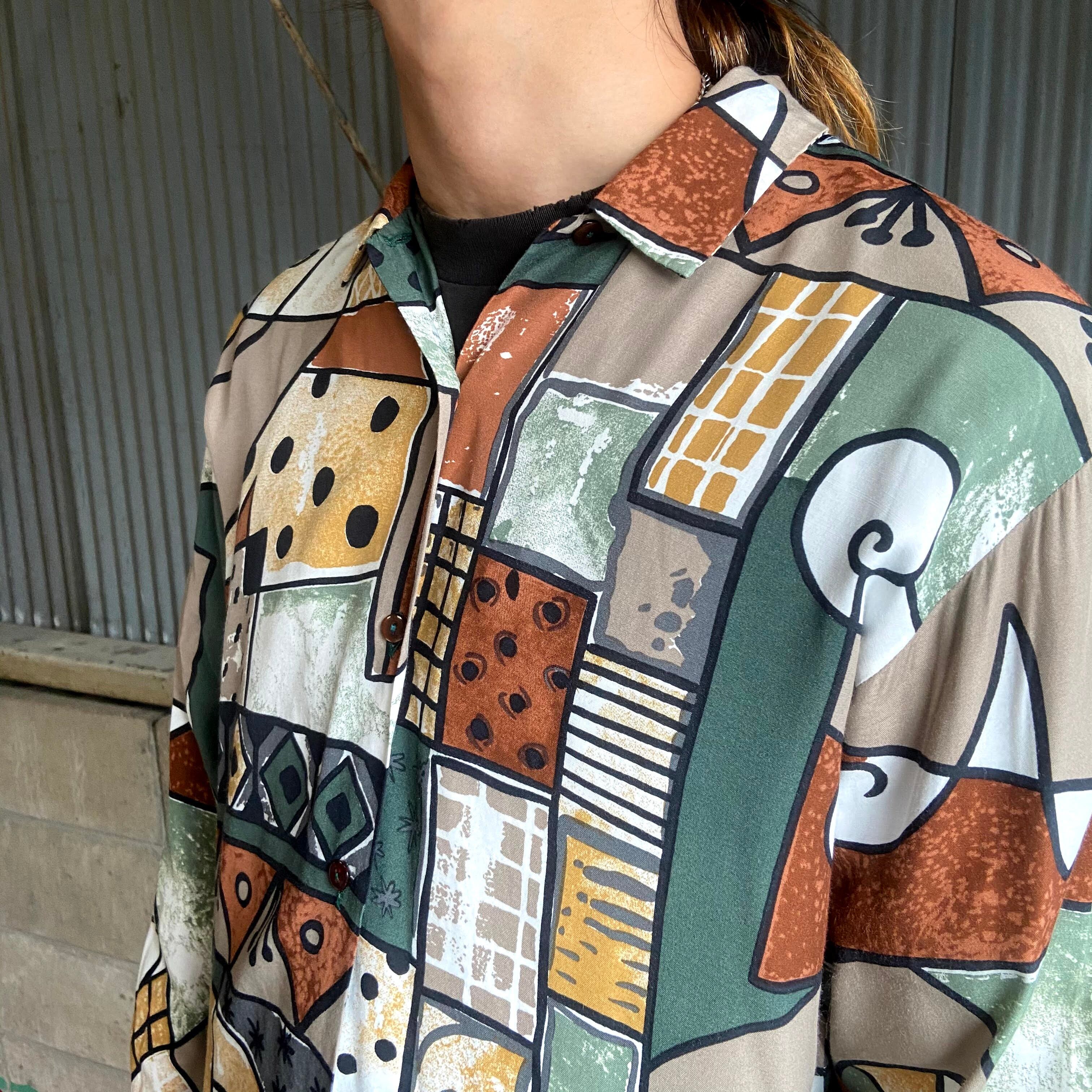 Adele Joris アート柄 長袖 レーヨン 総柄シャツ メンズM 古着 【長袖シャツ】【CS2301-50】【3anniv】【P2000 ...