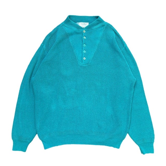 90s L.L.Bean Henley Neck Cotton Knit Turquoise | PIXIE