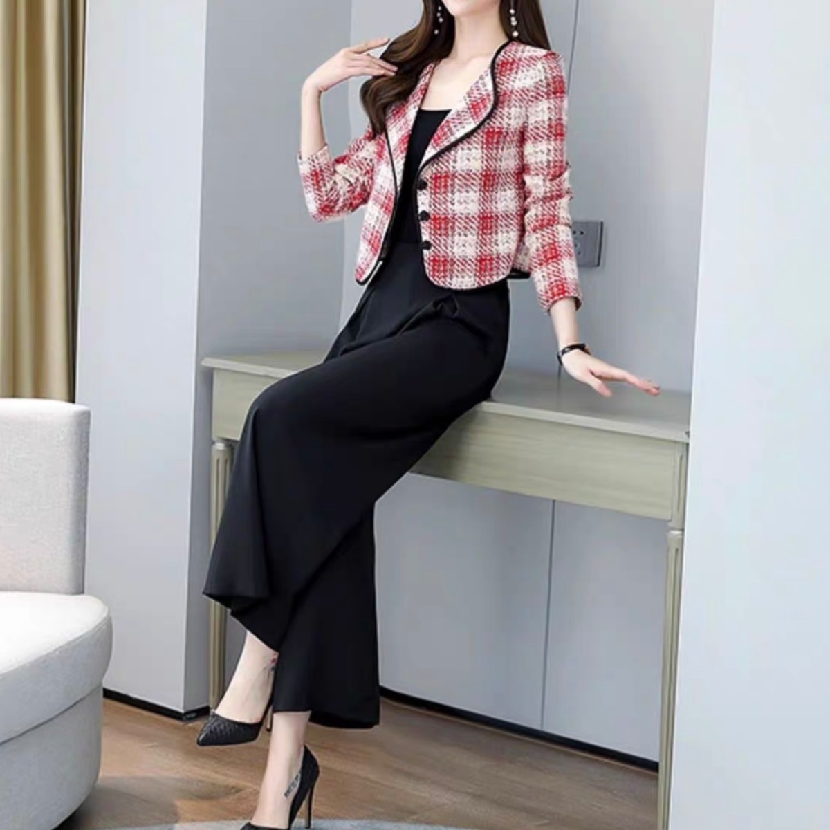 クラシックチェック柄ジャケット&エレガントワイドパンツのセットアップ A00335 | SproutStyle