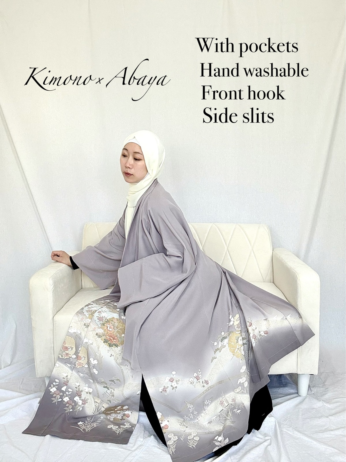 (Kimono×Abaya size S)Cerryblossoms, Snow ring,Gold pattern,Gold Thread ...