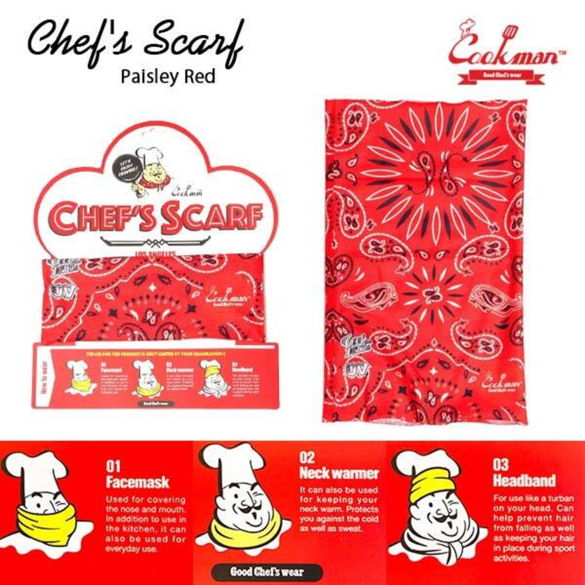 Chef's Scarf Paisley Red シェフスカーフ ペイズリーレッド ヘッドバンド フェイスガード ネックウォーマー 3way ...