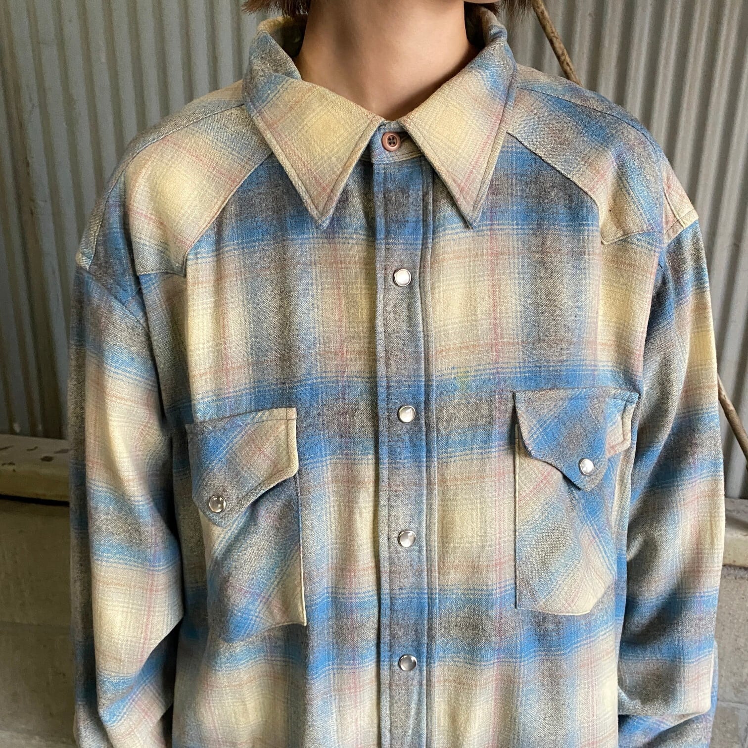 70年代 USA製 PENDLETON ペンドルトン オンブレチェッ柄 ウール ウエスタンシャツ メンズXL 古着 70S ヴィンテージ ビンテージ 水色×ベージュ【長袖シャツ】【cs2212 ...