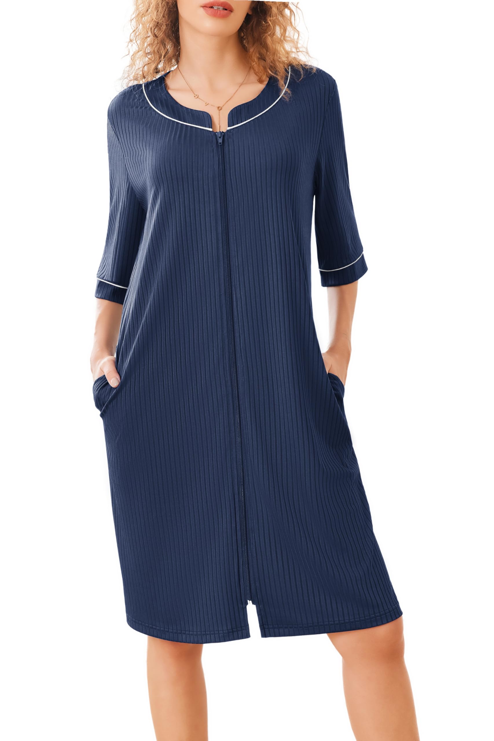 Ekouaer Women Robes Zipper Front 3/4 Sleeve Housecoat Zip Up Bathrobes ...