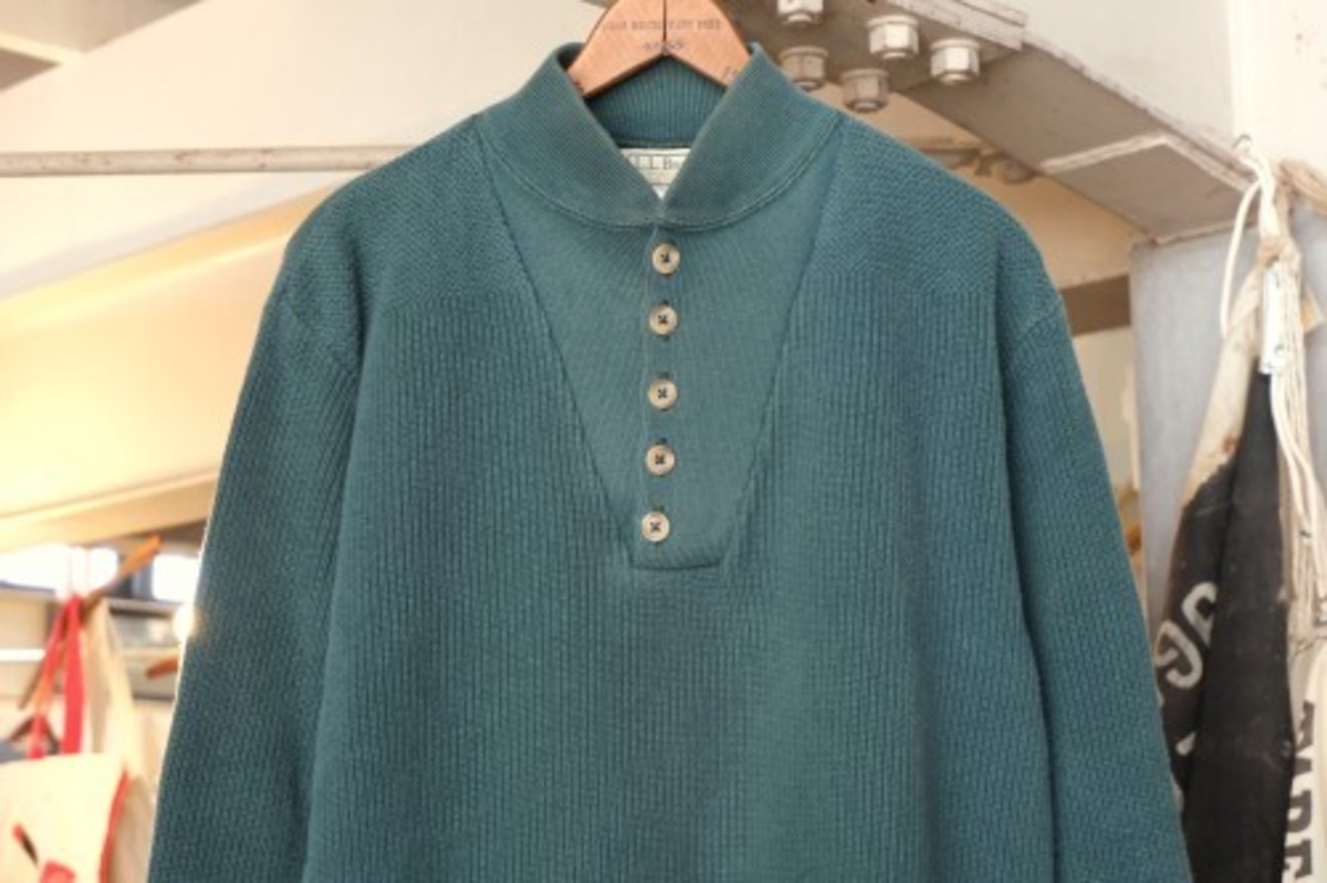 80's L.L.Bean green cotton henley-neck Sweater "Made in U.S.A." | GARYO