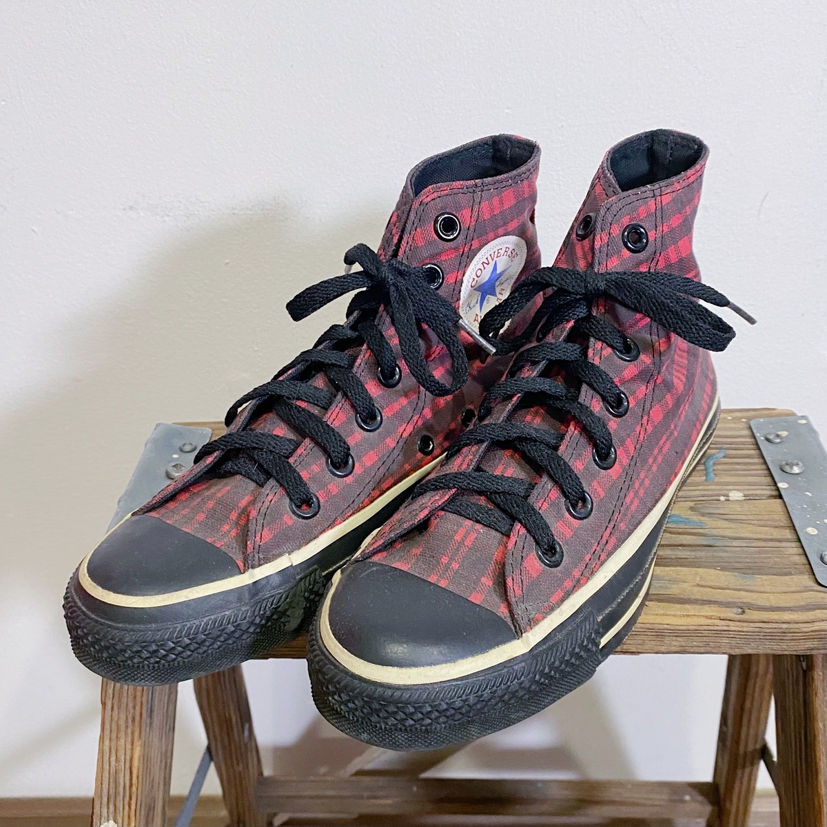 90s made in USA converse red and black plaid high cut sneakers【s3】 | LEMON