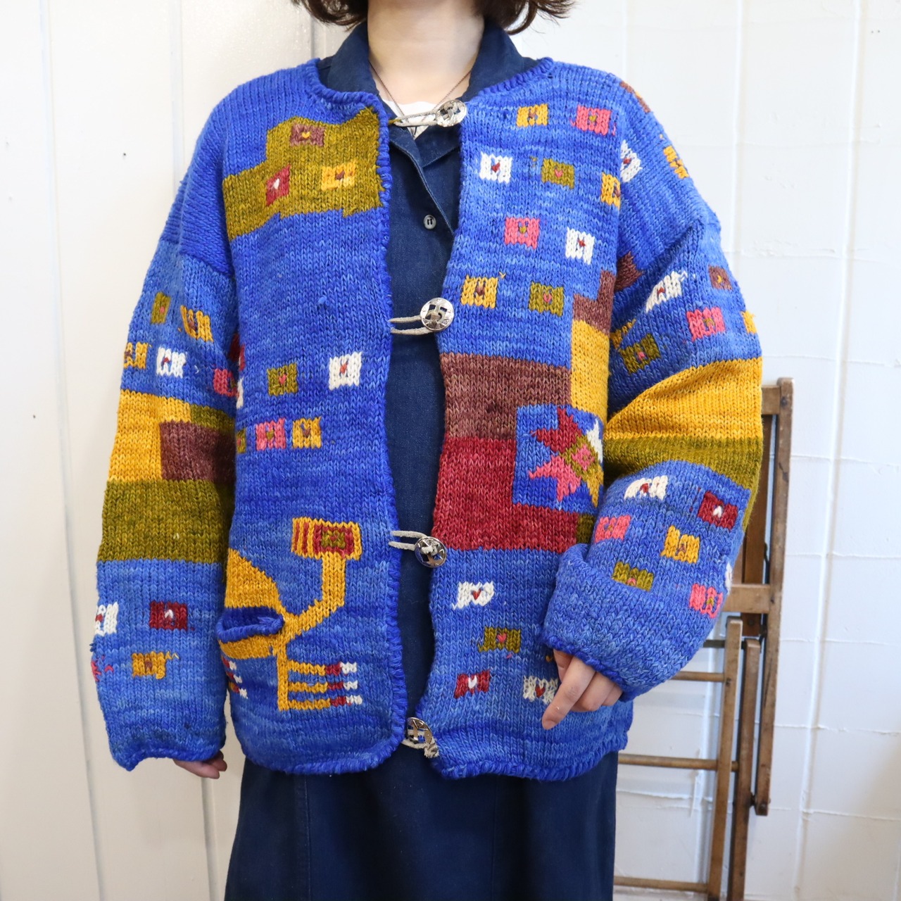 blue×yellow squarepattern wool knit cardigan [l-4808] | Fizzvintage