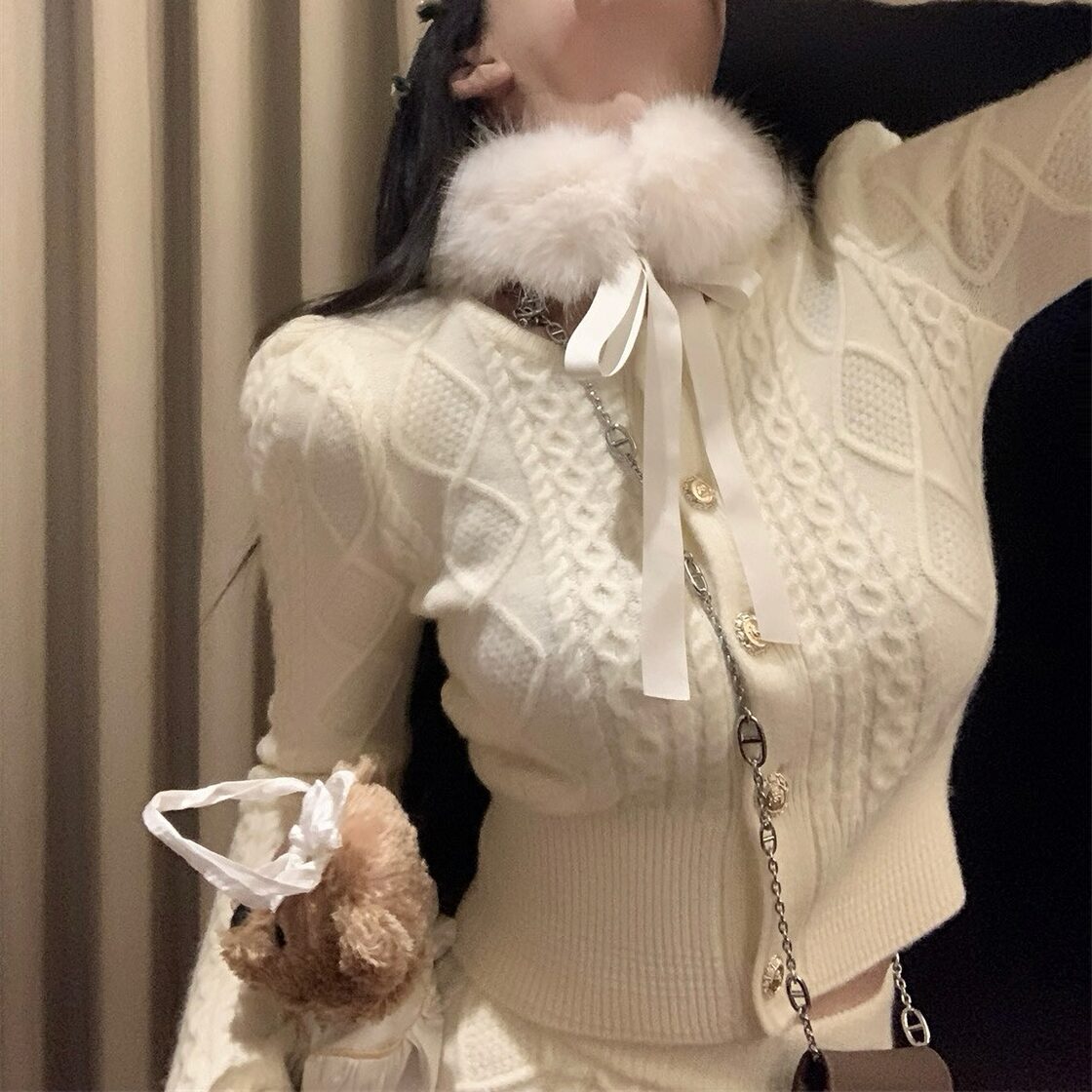 2色 Fur tippet cable knit set up | Pay ID