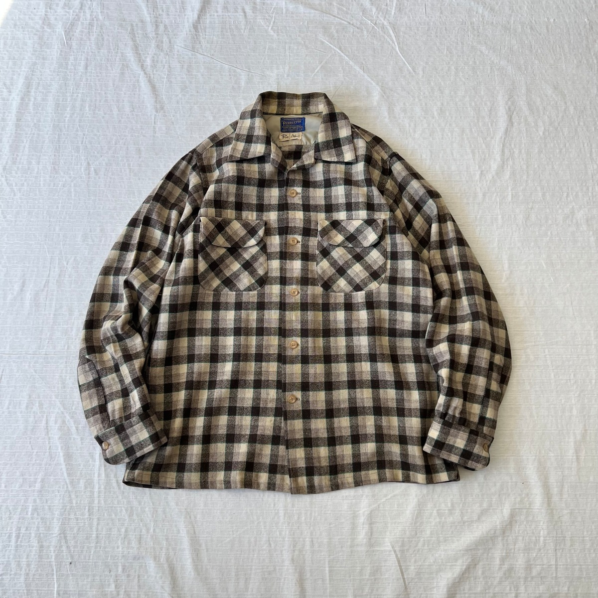 Early 60’s USA製 Pendleton ウールボードシャツ メンズM ブラウン系 チェック柄 オープンカラー ループ ペンドルトン ...