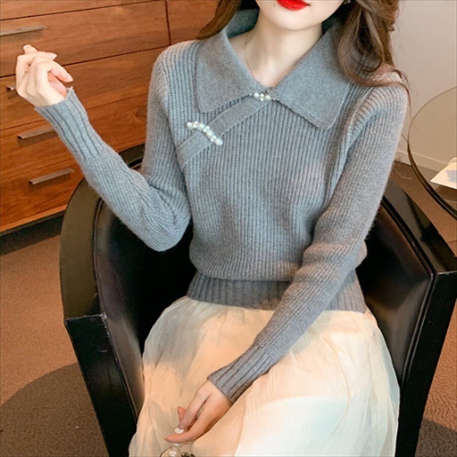 トップス 2色 セーター 萌え袖 袖あり 長袖 Vネック プルオーバー ビジュー装飾 ニット 送料無料】 トップス 2色 セーター 萌え袖 袖あり 長袖 Vネック プル