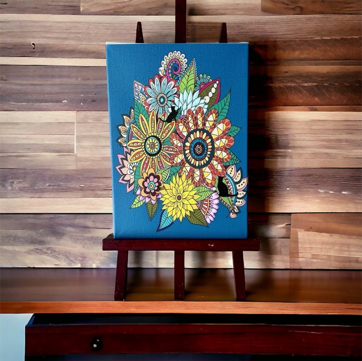 【送料無料】トライバルアジアンフラワー×黒猫キャンバスアートパネル ブルー・紺 インテリア SMサイズ | MAYACRAFT ペット似顔絵・アジアンアート雑貨セレクトショップ