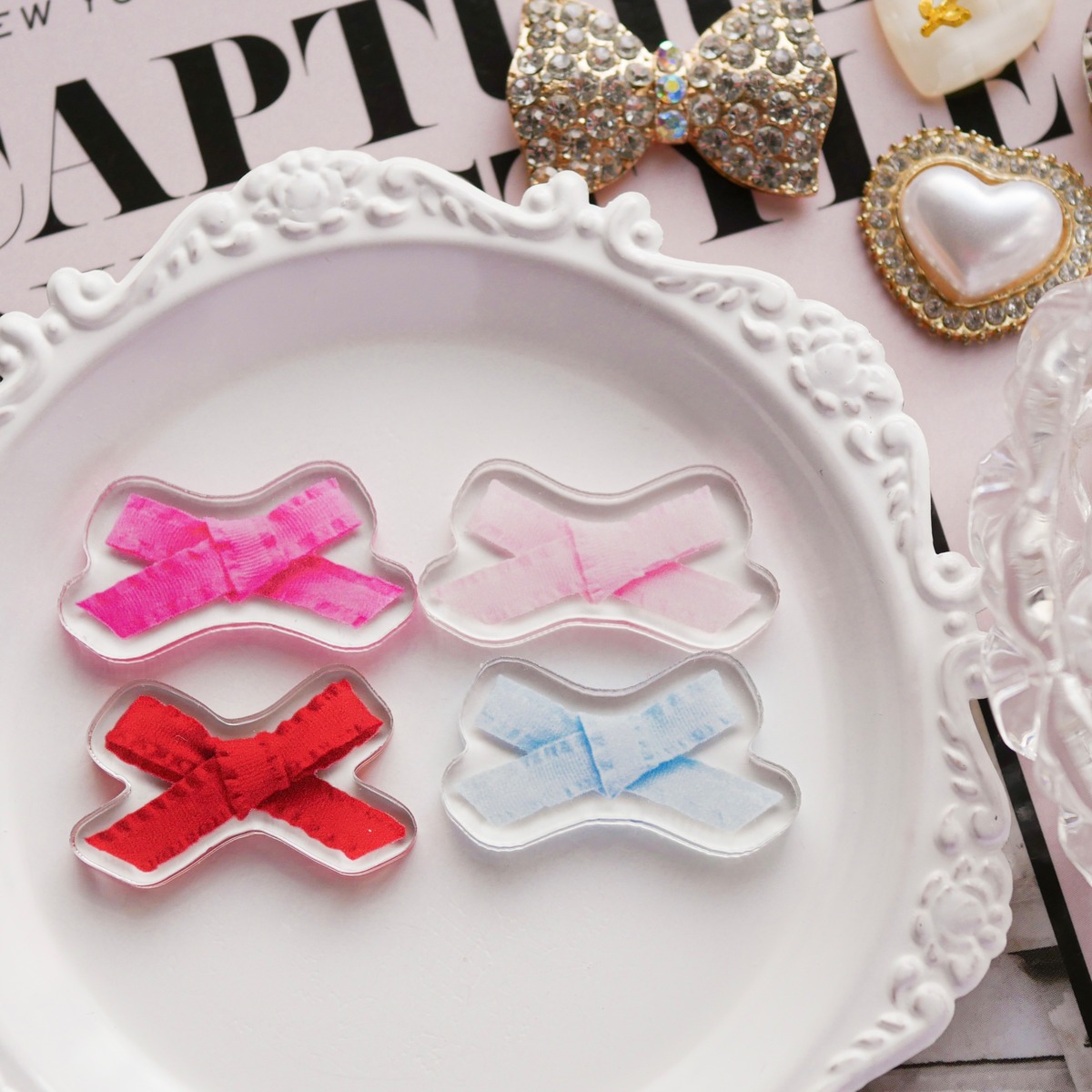 《COCONELオリジナル》30mmフリル＆チェック柄リボン両面プリント・アクリルプレートカボション/2個 | COCONEL