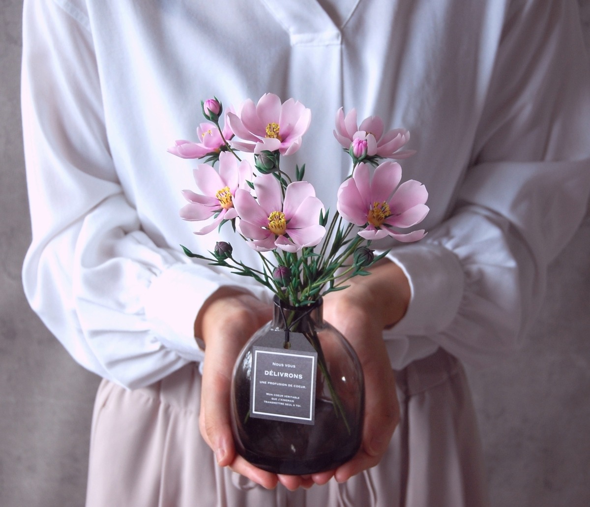 粘土のお花 コスモス・・・ライトピンク 高さ約23センチ ブラックボトル K692 | oldfantasy