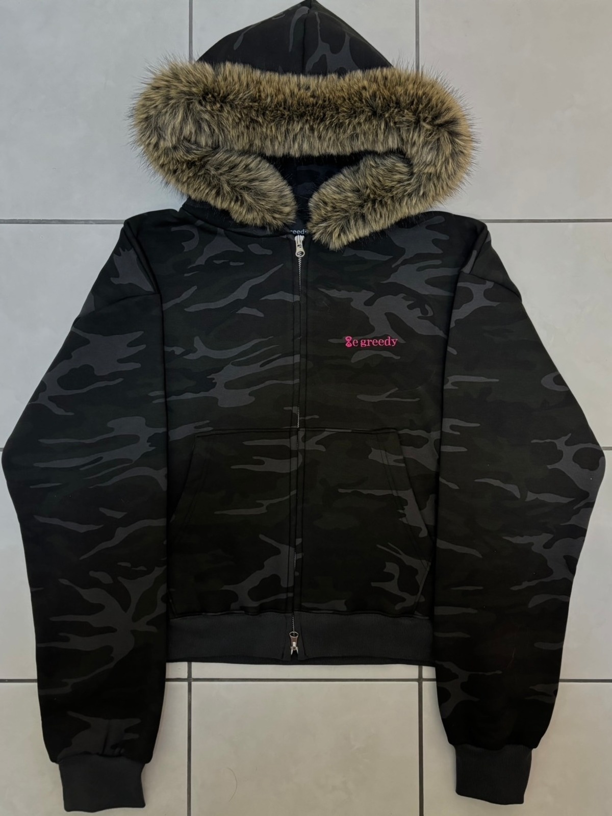 camo fur jacket black | 8e greedy