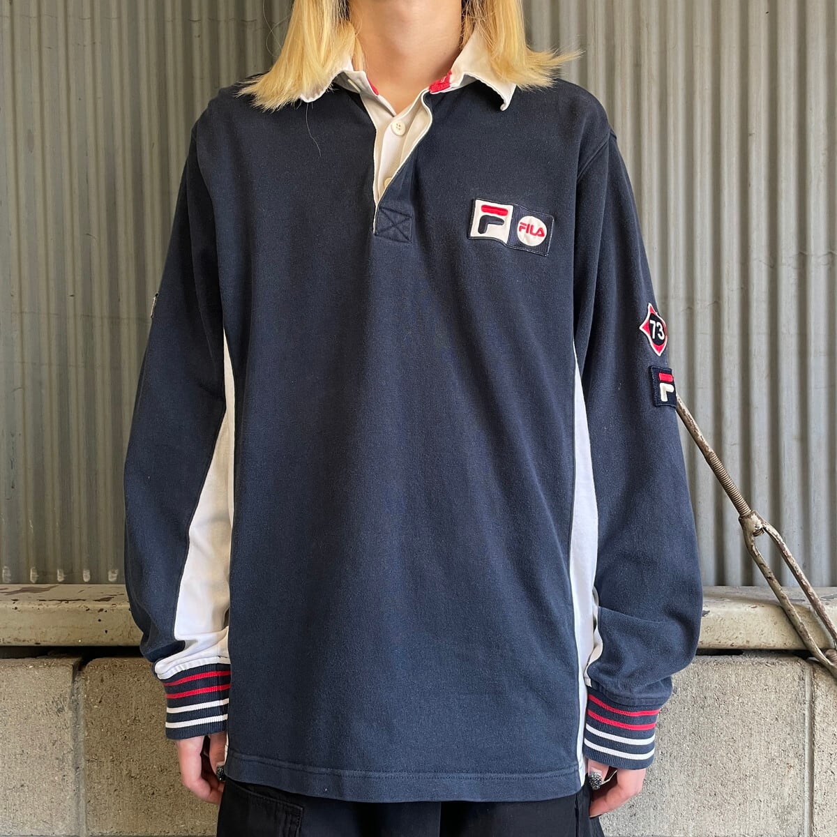 FILA フィラ ロゴ ワッペン ラガーシャツ メンズL 古着 ネイビー 紺 ホワイト 白 レッド 赤【長袖シャツ】【4S-50 ...
