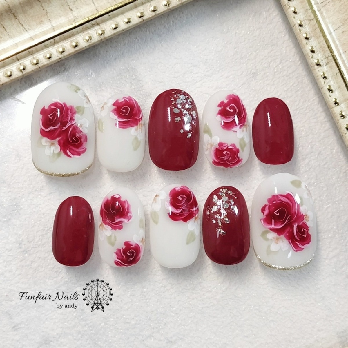 メルティローズ(ボルドー＆ボルドーローズ) 〜 ネイルチップ 薔薇 クラシカル 〜 | Funfair Nails