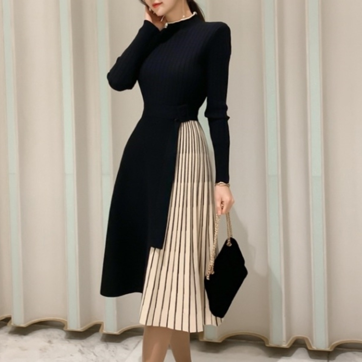 バイカラー ニットプリーツワンピース C-OAW1017 | VALIOSA ヴァリオサ